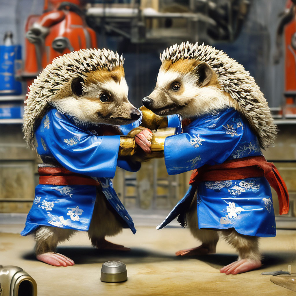 "Hedgehogs are fighting, one hedgehog in a blue kimono, the second in a ...