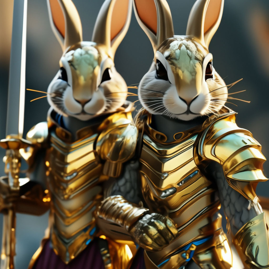 "Two hares with rainbow swords and golden armor" — image created in ...
