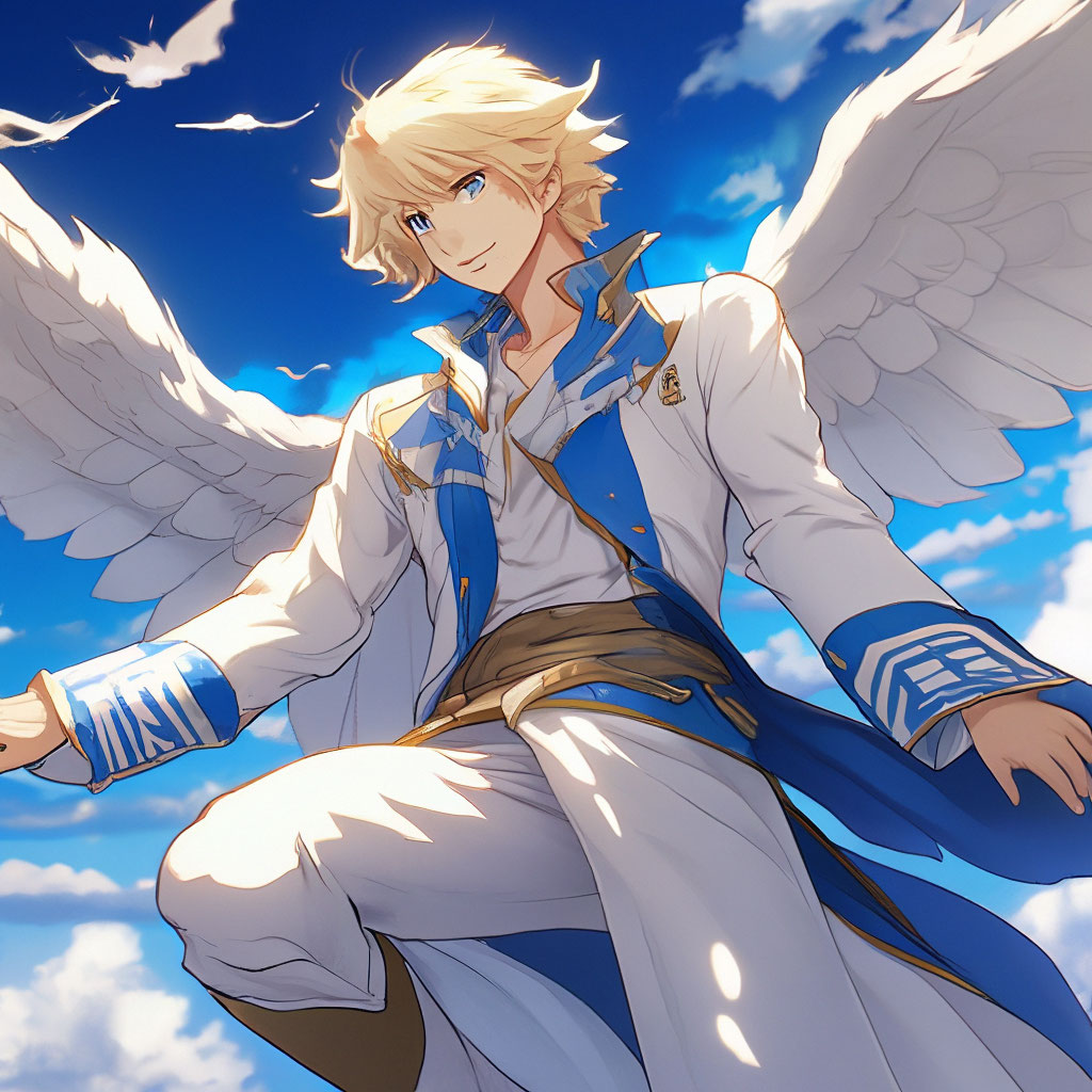 "Overlord of the wind, a blond guy with white wings and blue and white ...