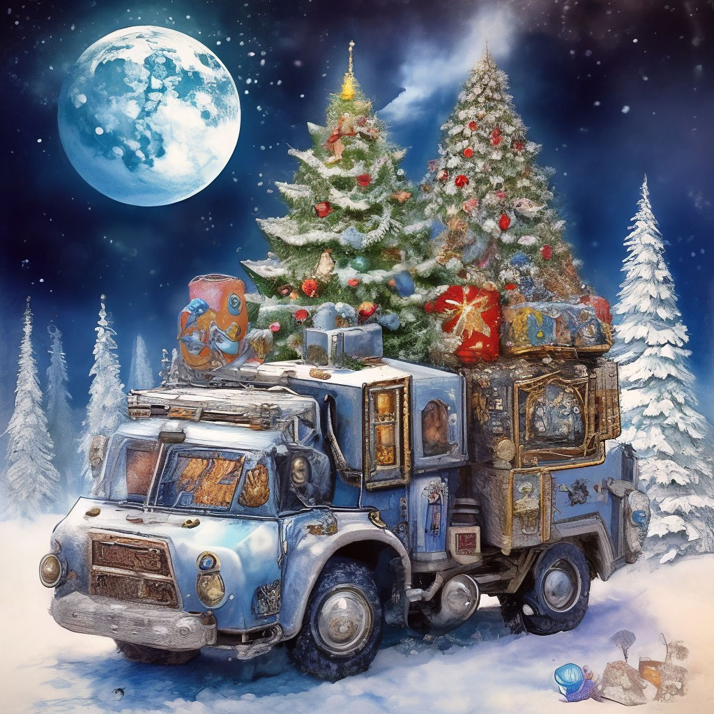 "Dieselpunk, Christmas tree, snowman, gift bag, Watercolor, pixel study ...