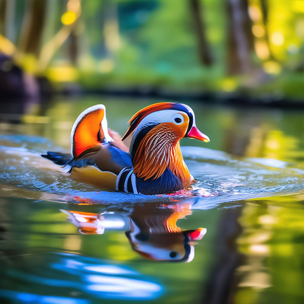 "Mandarin duck swimming in a pond in the forest" — image created in ...