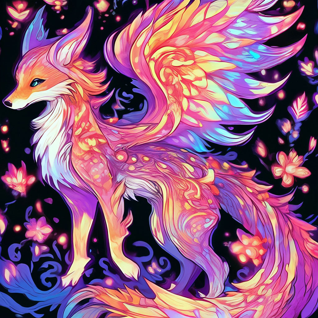 "Dragon fox of fiery colors, pink-red-purple colors, fiery flowers lie ...