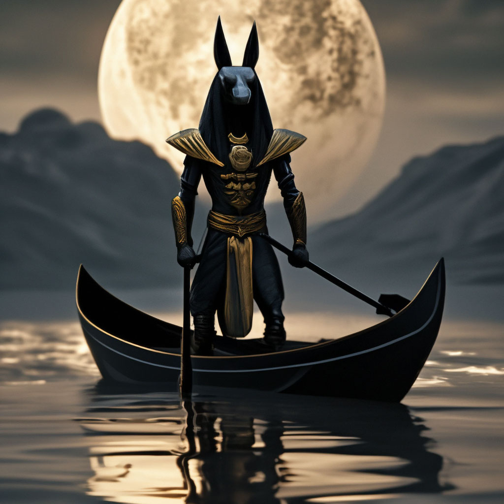 "Anubis is standing sideways in a boat on a gray river, against the ...