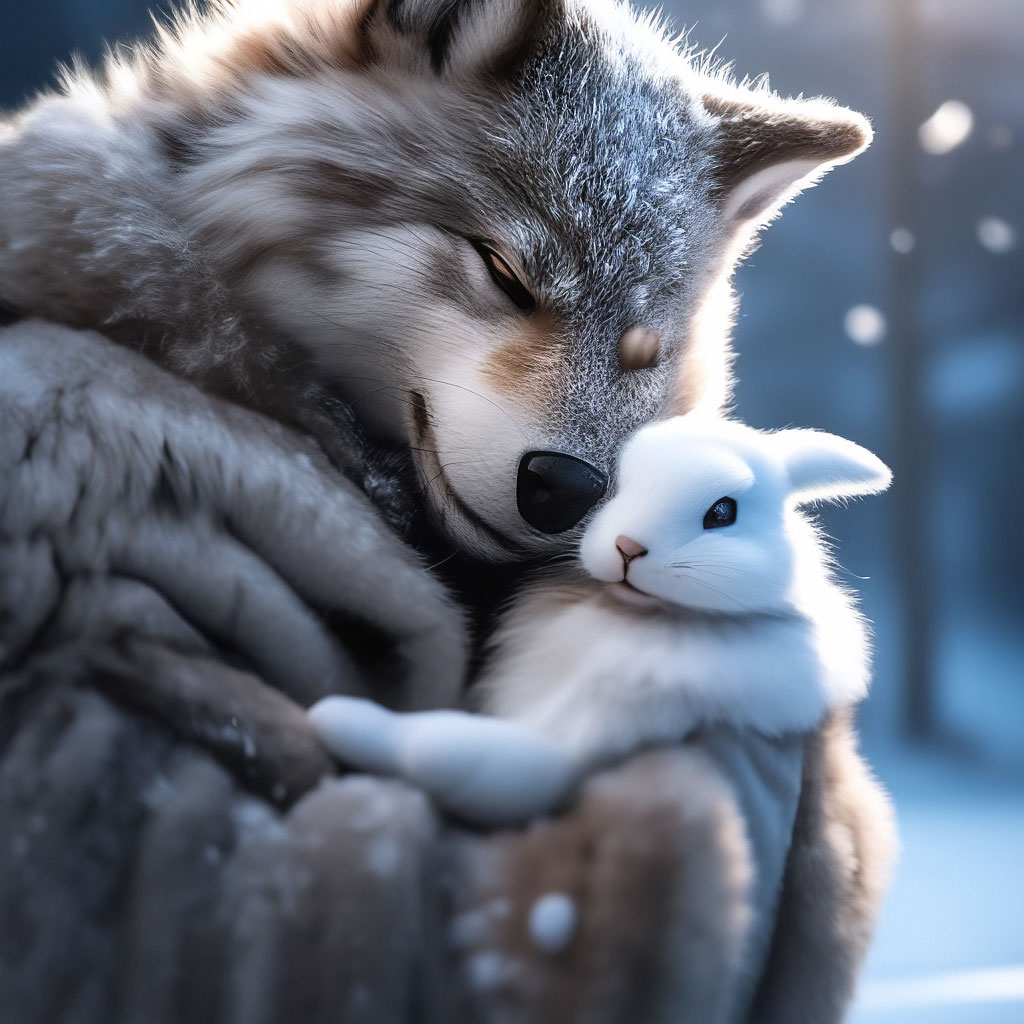 The soul warms ... Hyper-realism An anthropomorphic Wolf in a fur coat ...