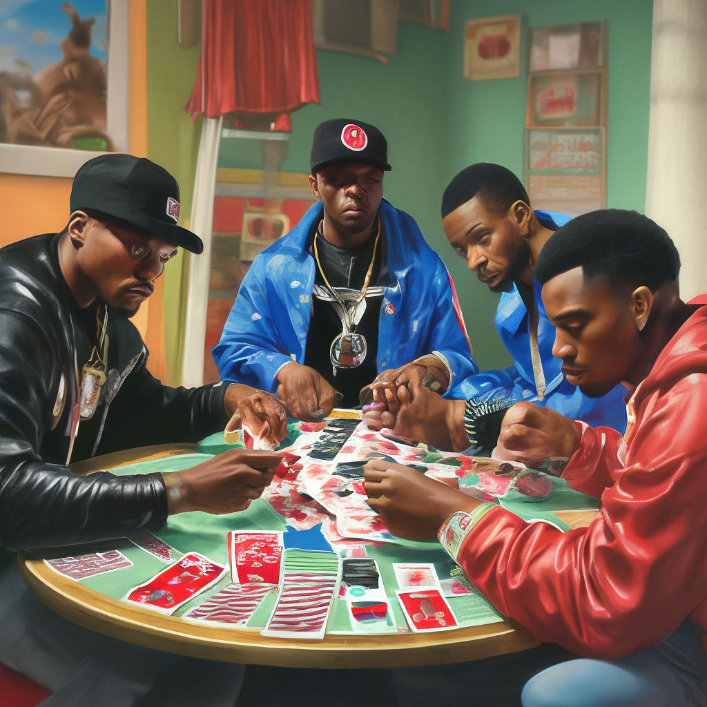 "Black rappers play cards" — image created in Shedevrum