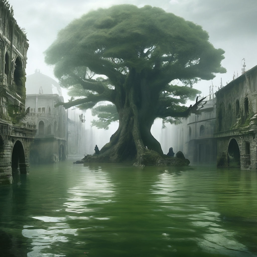"Hyperrealism hyperdetalization, a huge stone tree grows out of green ...