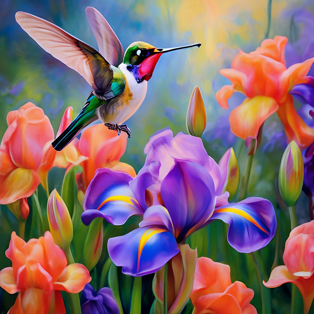 "Irises, roses and hummingbirds." — image created in Shedevrum