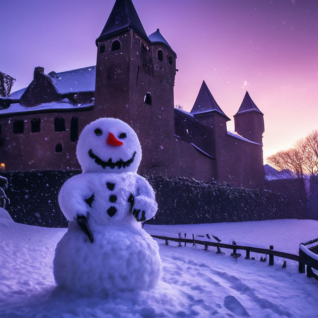 "Near the medieval castle there is a scary snowman, horror,with a sewn ...