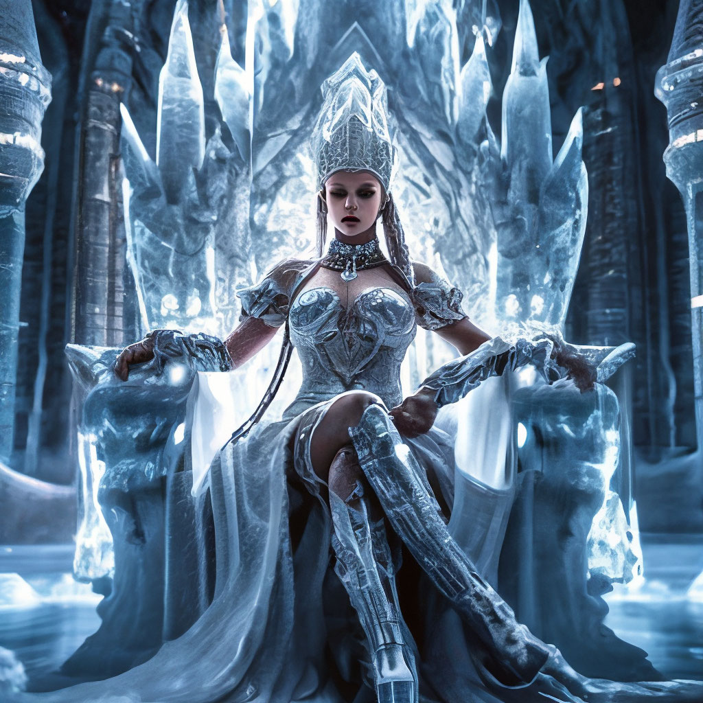 "Dark fantasy, cyber fantasy,ice queen on a throne in an ice castle, piercing…" — image created ...