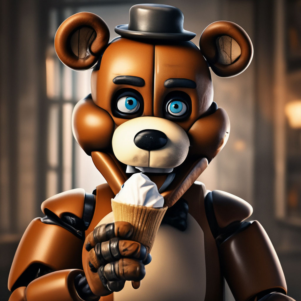 "Animatronic Freddy eats ice cream" — image created in Shedevrum