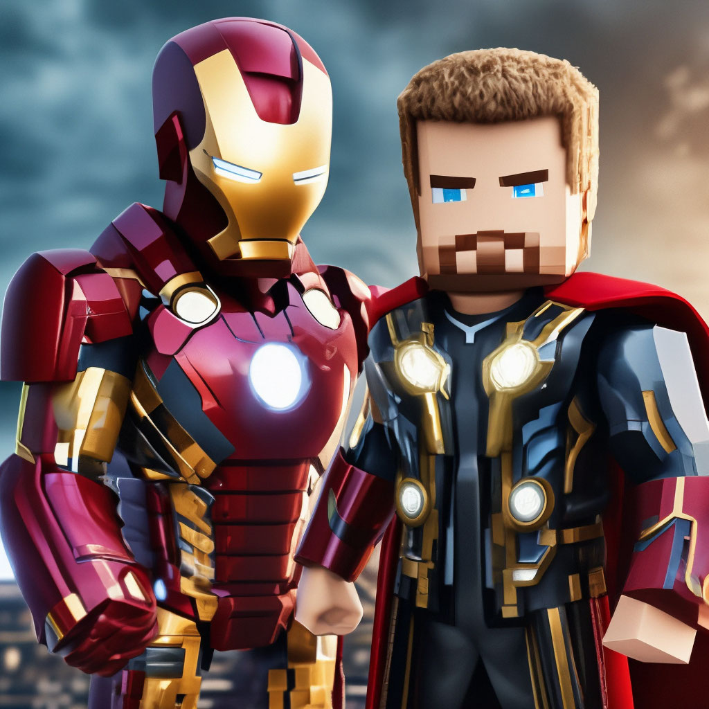 "Thor and iron man in minecraft" — image created in Shedevrum