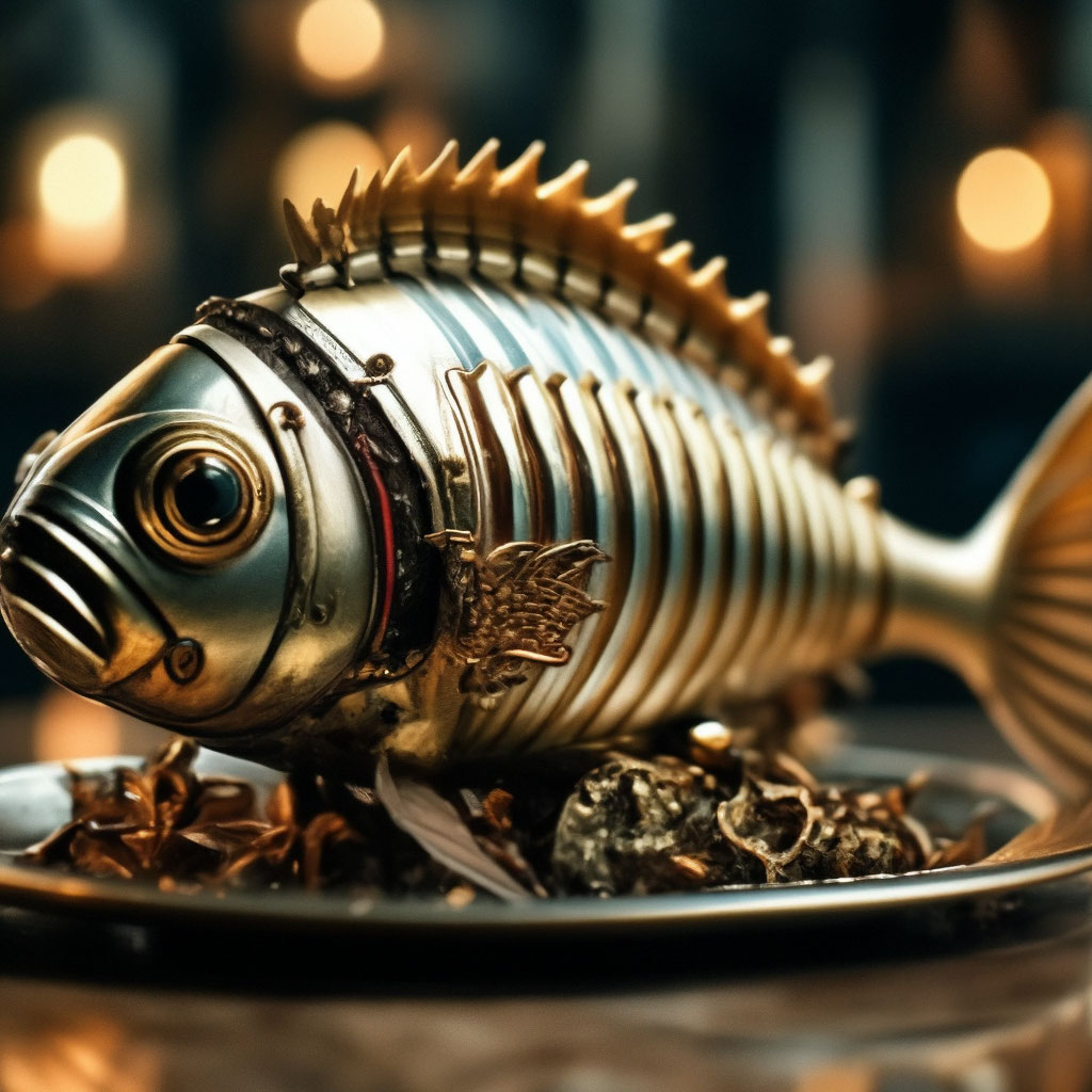 "Fish with a fork in the fin, eating cake, cinematic, 64k, 80mm ...