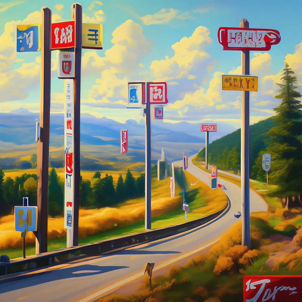 "Road signs, lots of road signs" — image created in Shedevrum
