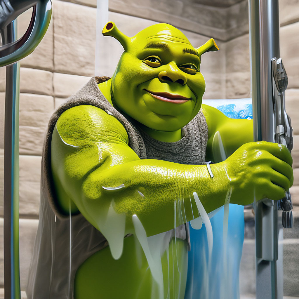 "Shrek washes in the shower" — image created in Shedevrum