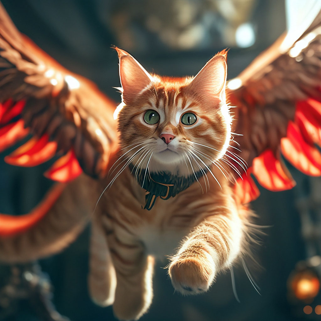 "Flying red cat of the Meinkun breed with wings., professional photo ...
