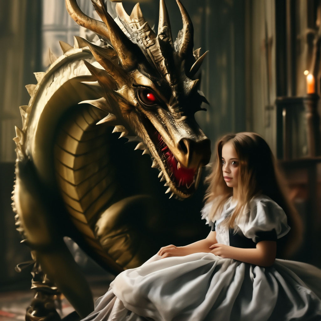 "The dragon is dancing with Alice" — image created in Shedevrum