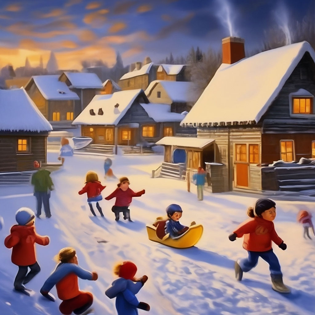 "Winter, village, children playing snowballs and sledding" — image ...
