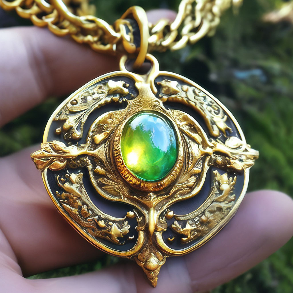 "A complex magical artifact on a chain, a golden amulet, carved ...