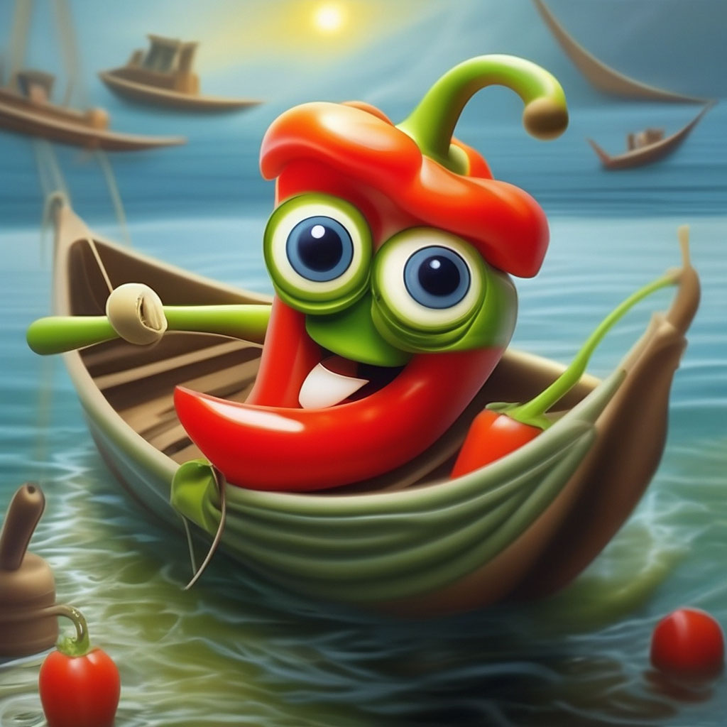 "Cool pepper with eyes, joke, on a boat in digging" — image created in ...