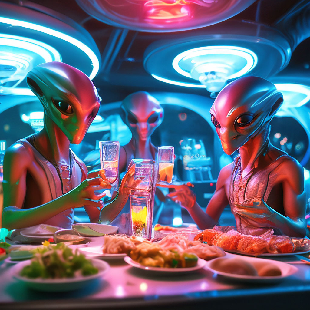 "Aliens eat shish kebab and drink vodka, aesthetically pleasing, high ...