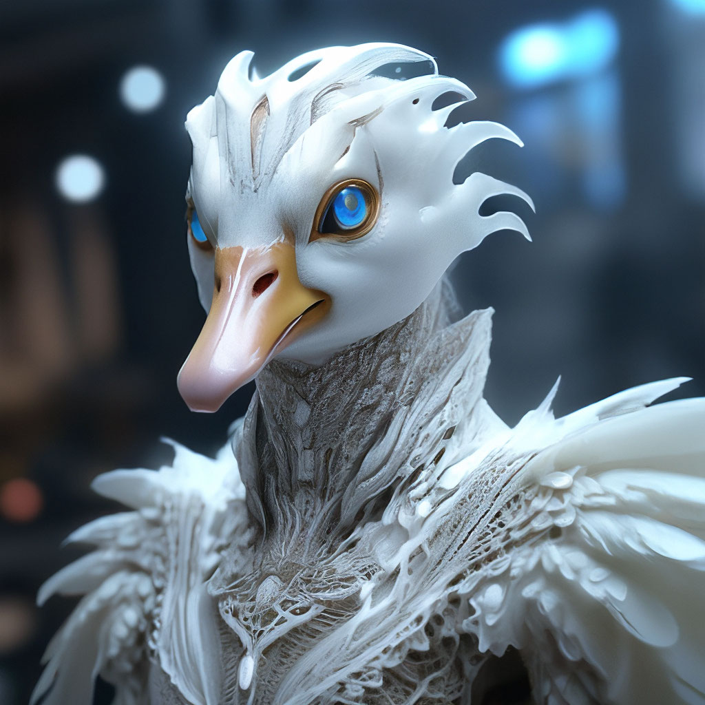"Aliens, mutant, man, anthropomorphic goose, pearl-white feathers ...