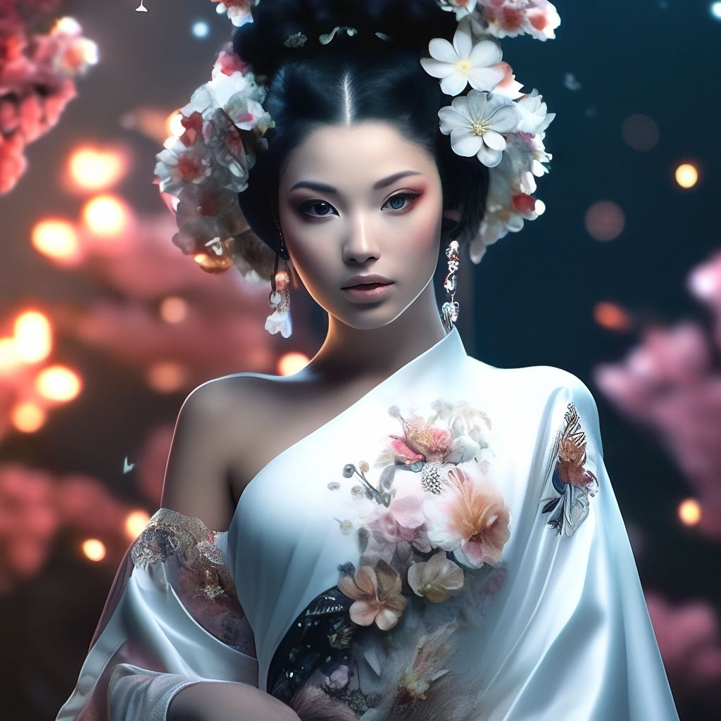 "Geisha girl,in a beautiful white dress , лепестки сакура ,glitter ...