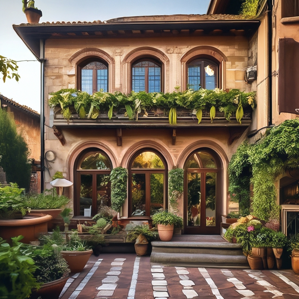 "Italy, old brick cozy facade with arches and tiles, paving stones ...