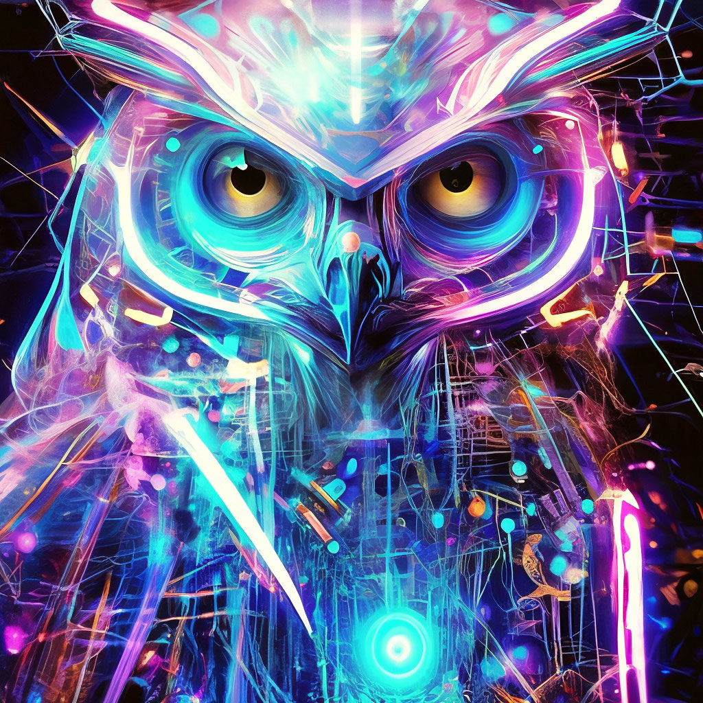 "Hyperrealistic luminous cyborg owl, fractal abstraction woven of light ...