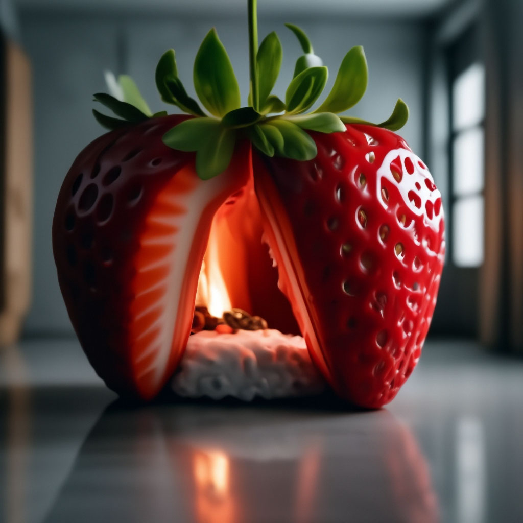 "A room inside a strawberry fruit…" — image created in Shedevrum