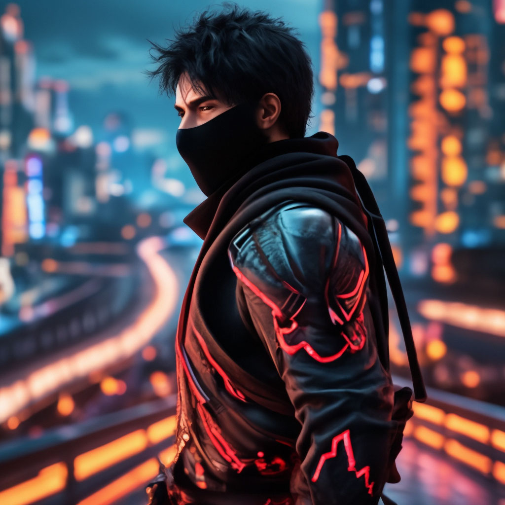 "Ninja, half-turn, looking into the distance, bright lighting, neon ...