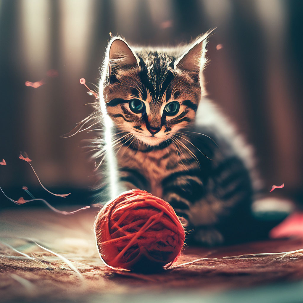 "A very beautiful image of a cat playing with a ball of thread ...