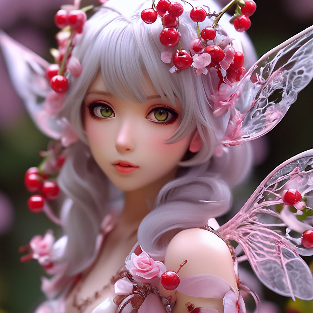 "Cherry fairy, transparent detailed wings, cherry tree flowers, cherry ...