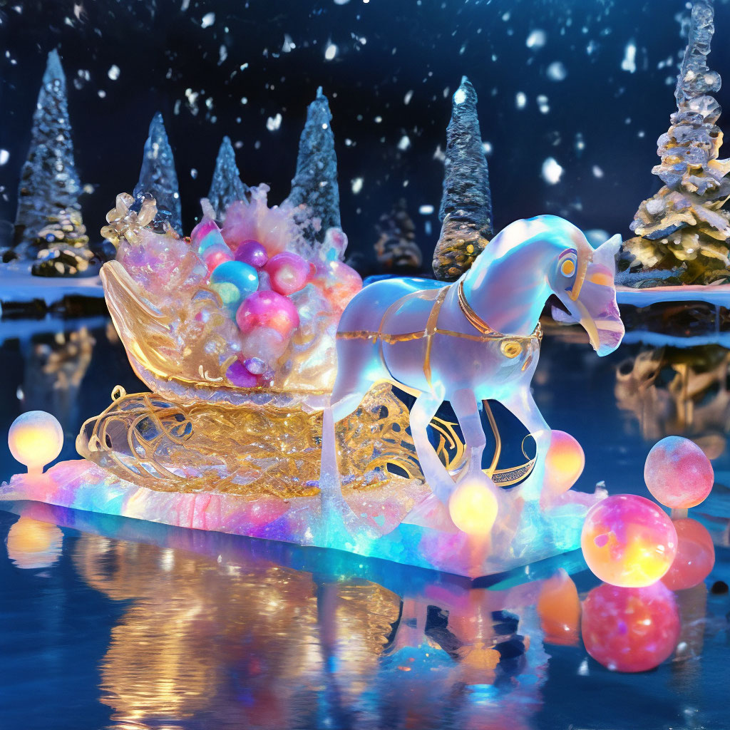 "Crystal transparent Santa Claus sleigh with horses in the center of a ...
