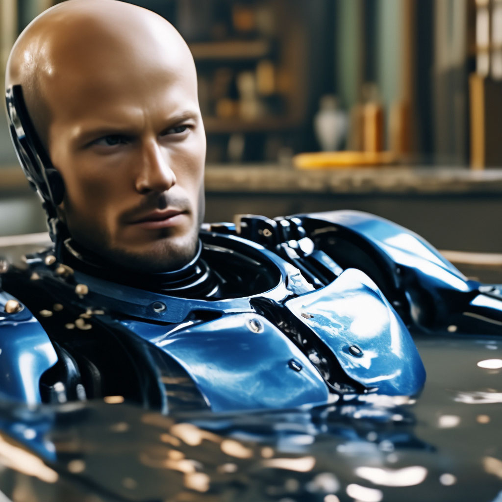 "Robocop is at home, taking a bath, lying in the water, relaxed, the ...