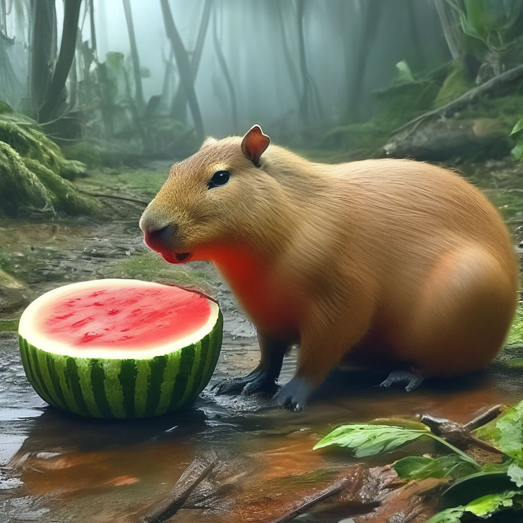 "Capybara eats watermelon on the ground, in the jungle, realistic ...