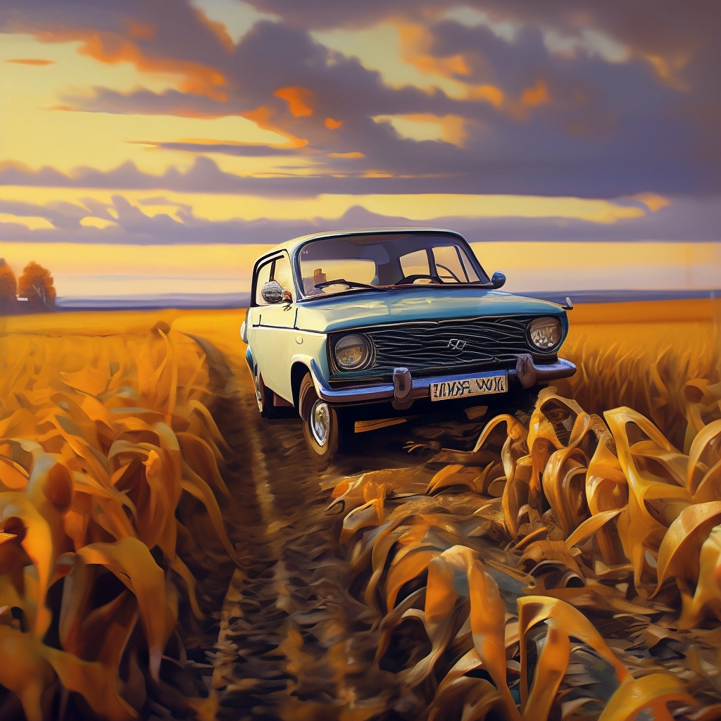 "VAZ 21,in a field with corn, autumn" — image created in Shedevrum