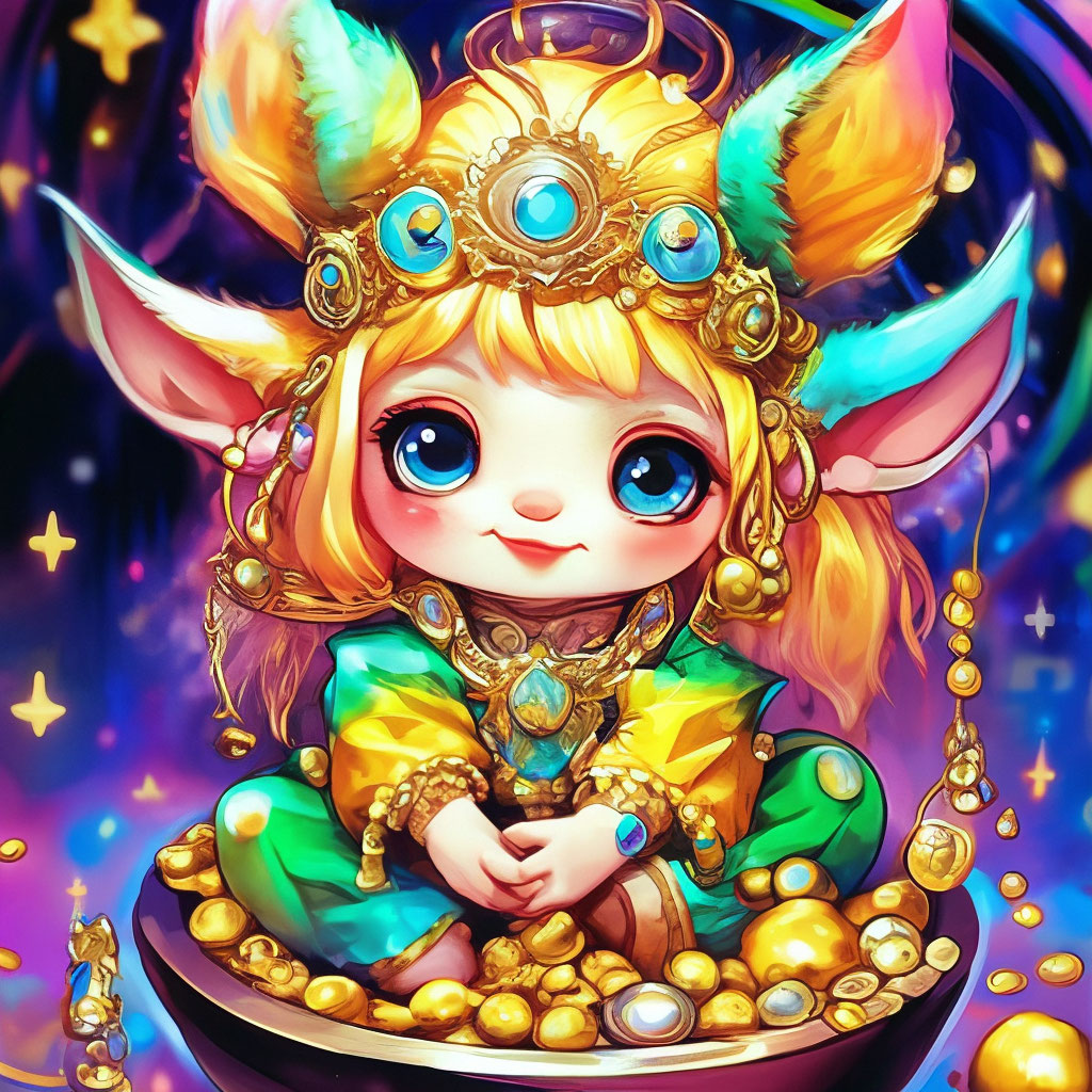 "Fortune, oil+ink, very cute tiny fluffy elf + troll, elemental of luck ...