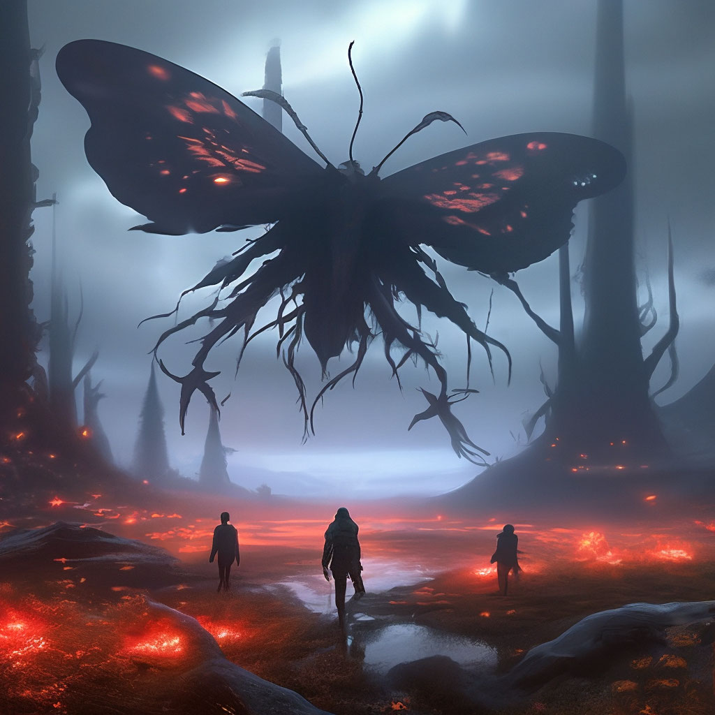 "Alien landscape. Giant horror+ necro + mutants + butterflies fly over ...