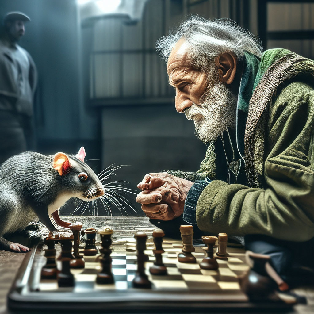 "Homeless old man playing chess with a rat, realistic, professional ...