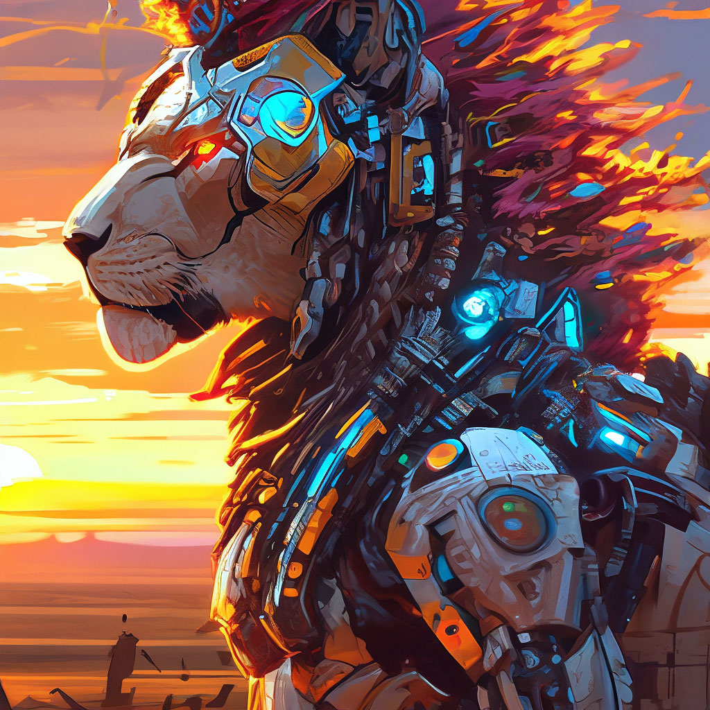 "Portrait anthropomorphic cyborg lion Mohawk cyberpunk bionic small ...