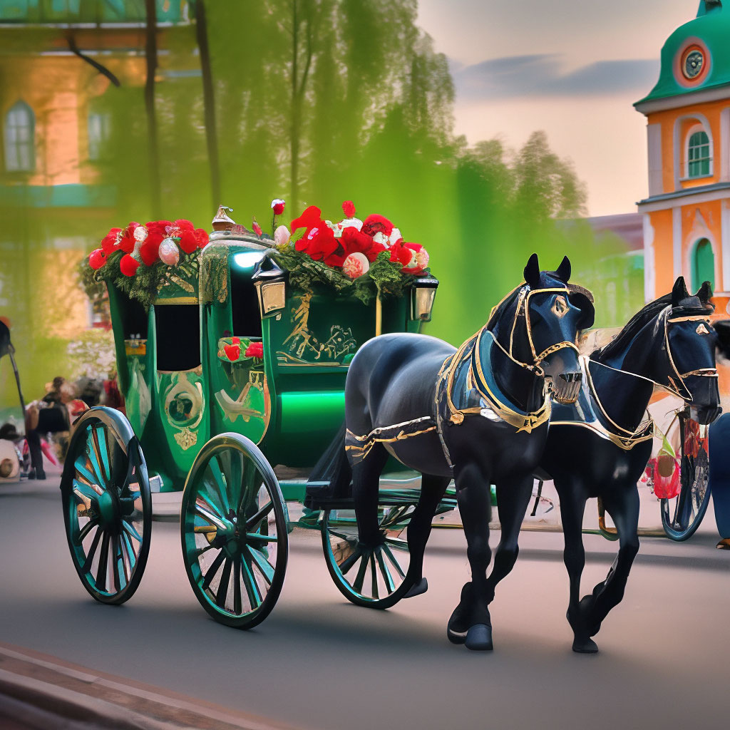 "A green carriage made of emerald stone, spring in a carriage , an ...