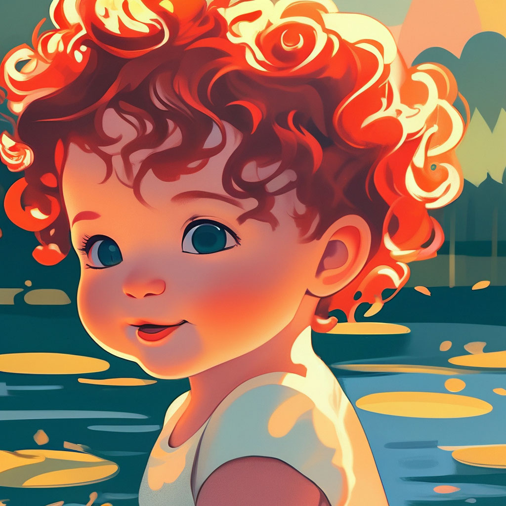 "Baby 1 year old with red curly hair plays on the pond" — image created ...