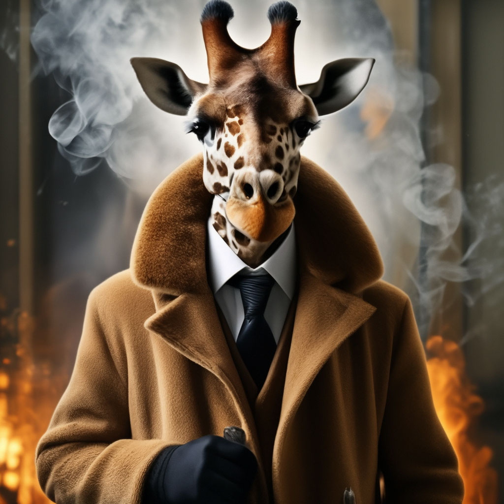 "A giraffe wearing a coat, smoking" — image created in Shedevrum