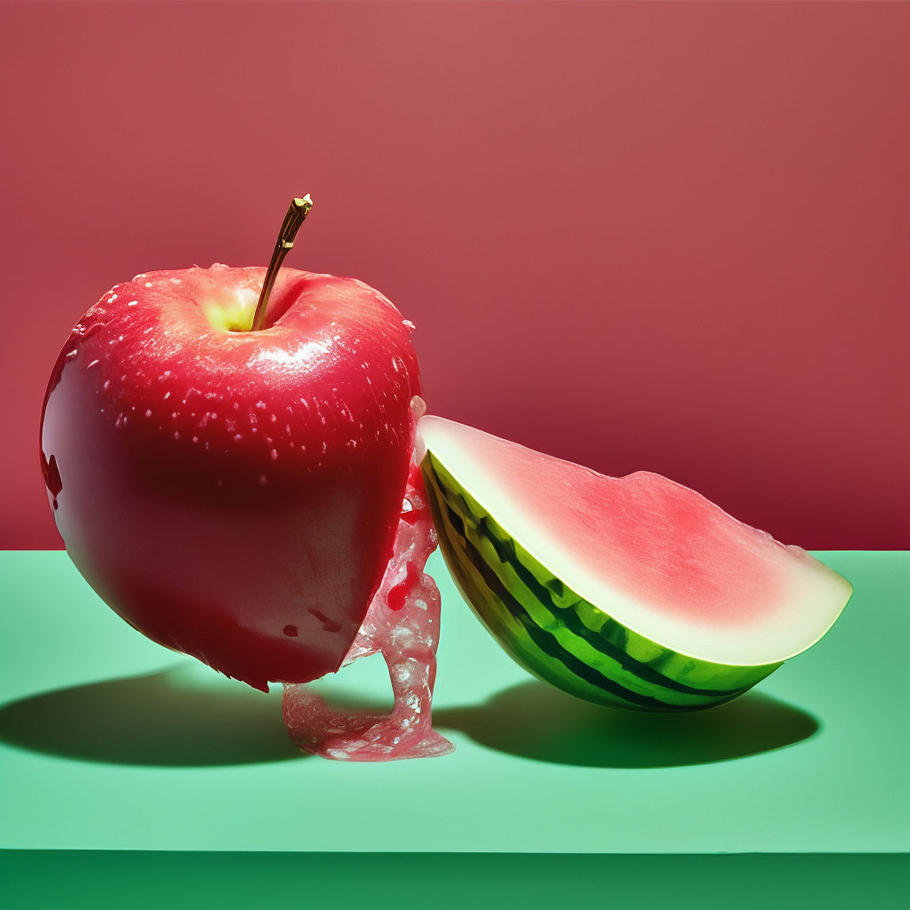 "Watermelon fights with apple" — image created in Shedevrum