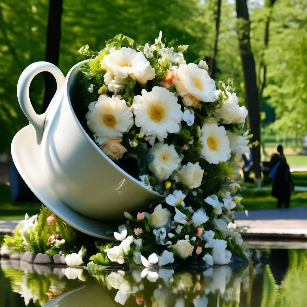 "In the park there is a sculpture in the form of a tilted cup and a ...