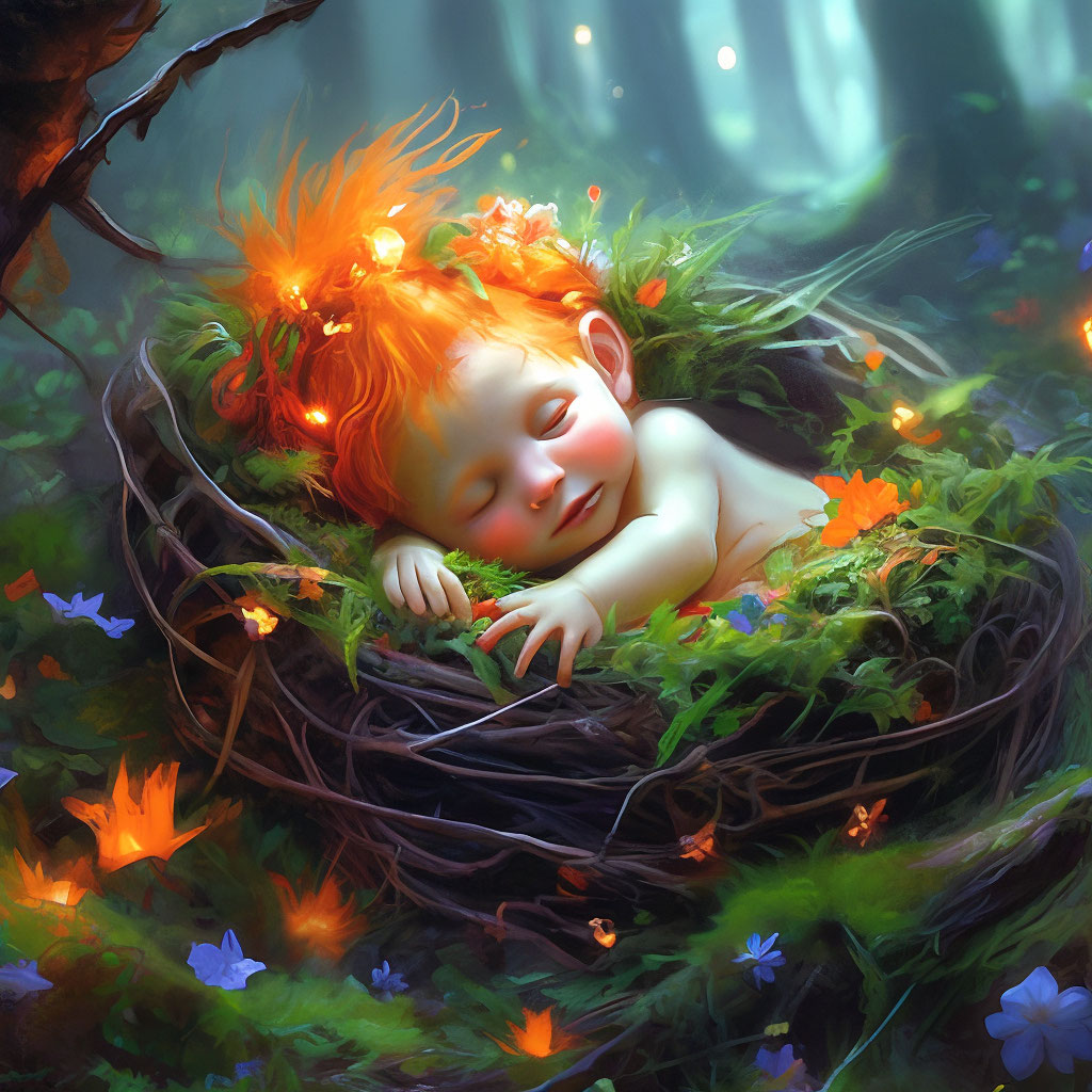 "A fantastic troll baby, overgrown with grass shoots near a peat hearth ...