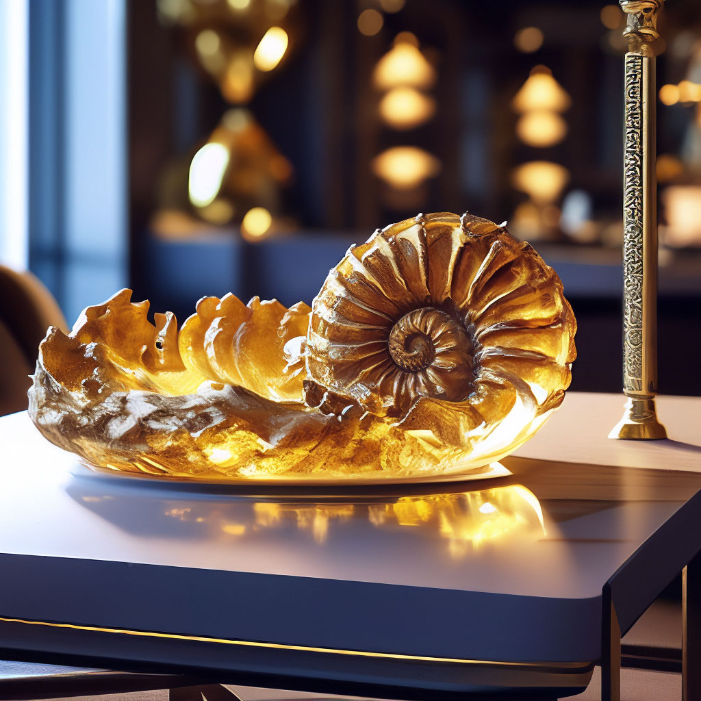 "Realistic table with epoxy resin filling where large ammonite golden ...