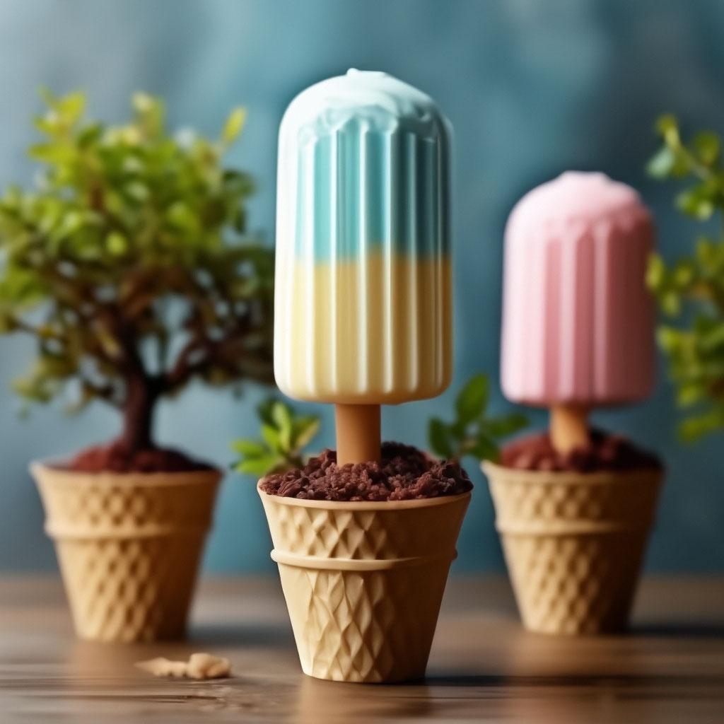 "Bansai ice cream in a waffle cup,popsicle grows on a tree in a pot ...