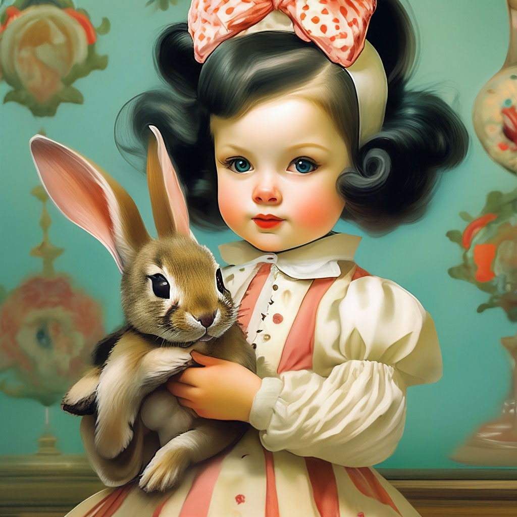"A toddler with pigtails holding a rabbit, pop surrealism, Cartoonist ...