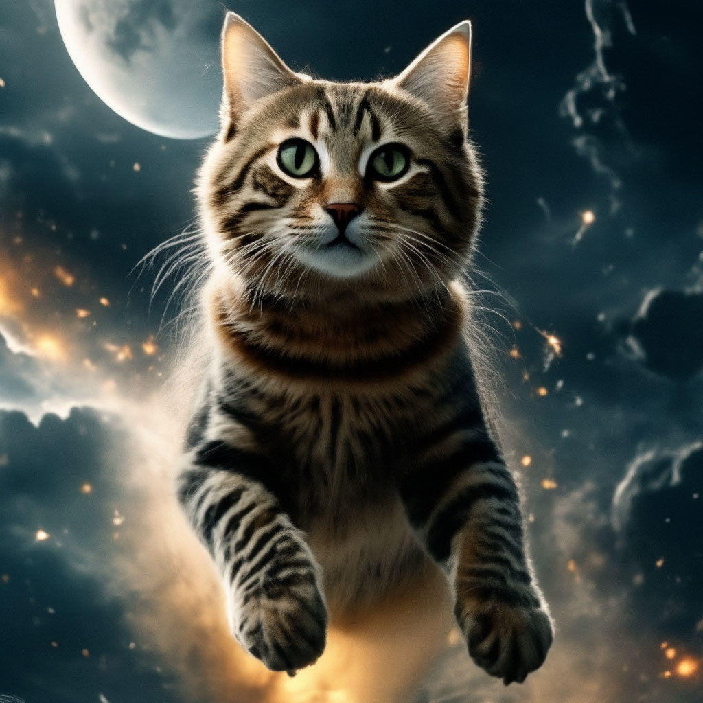 "The cat flies to the moon" — image created in Shedevrum